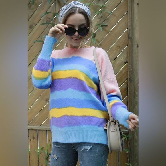 boutique | Sweaters | Pastel Bluemulticolor Round Neck Dropped Shoulder ...